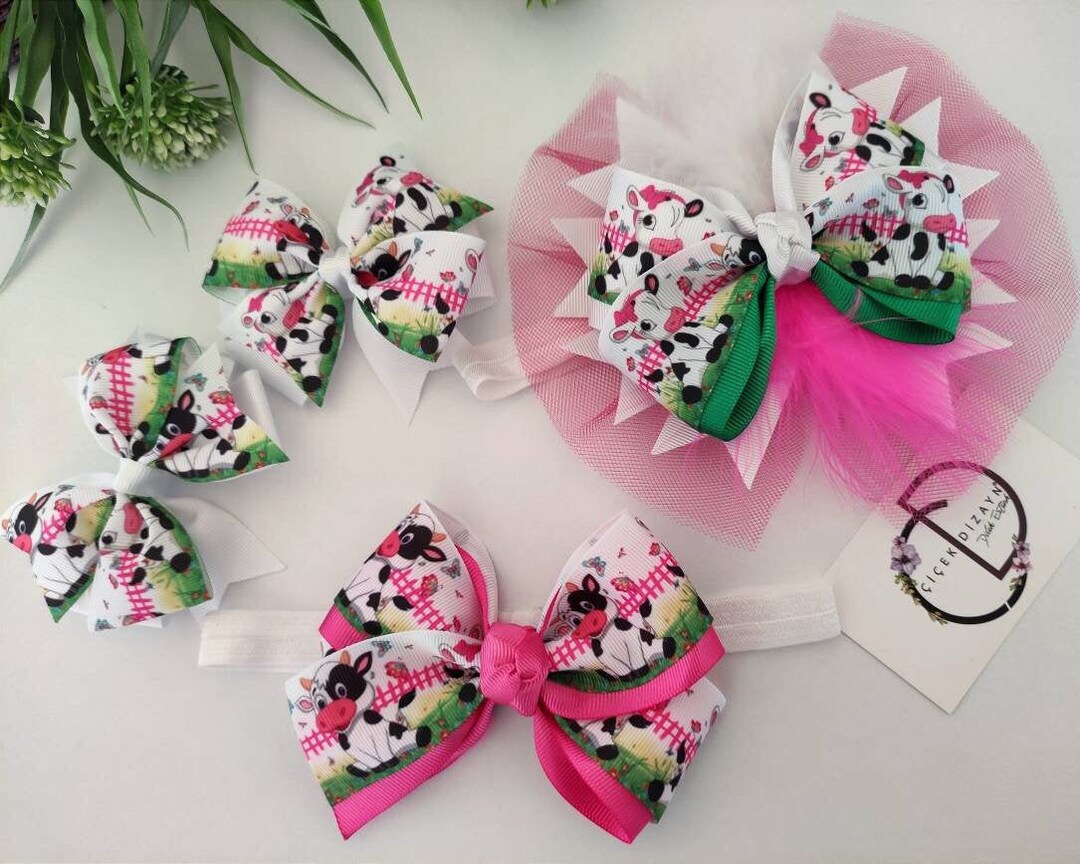 Cow Printed Feather Baby Bow, Farm Toddler Cute Headband, Birthday Cow ...