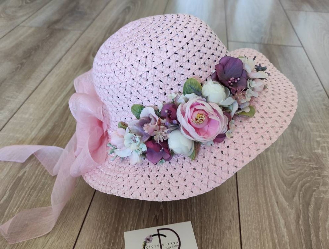 Flower Tea Party Hat Girls, Pink Easter Floral Straw Hat, Summer Bow ...