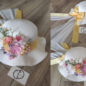 Easter Straw Hat Flower Girl, Purple Floral Tea Party Bonnet, Wedding ...