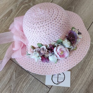 Flower Tea Party Hat Girls, Pink Easter Floral Straw Hat, Summer Bow ...