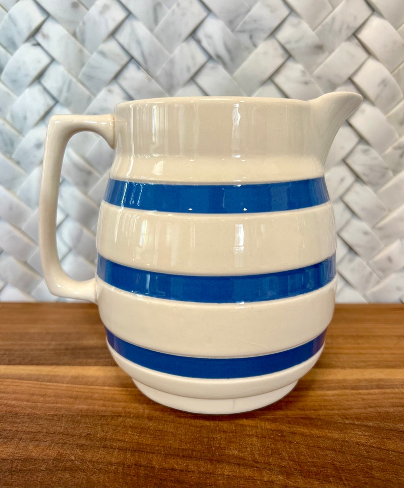 Vintage 1950s Staffordshire Chef Ware Blue Striped Pitcher, Farmhouse ...