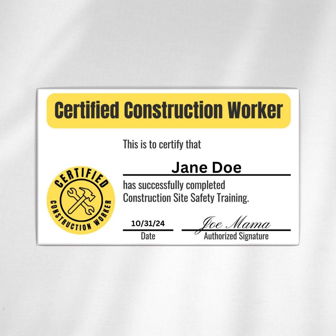 Editable Construction Worker Certification Card Safety Template Pocket ...