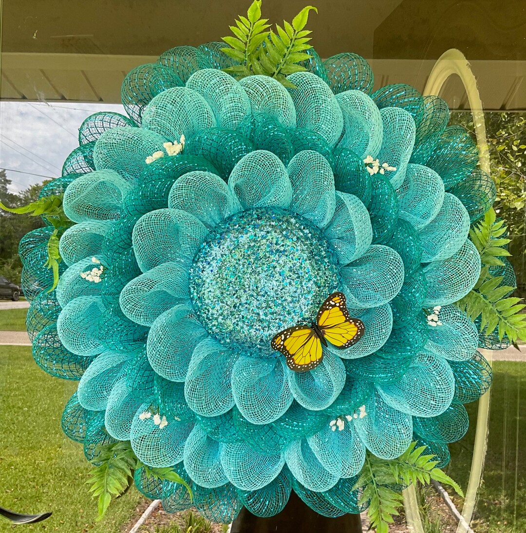 Blue Flower Mesh Wreath 24 With Teal/light Blue Mesh Petals and Other ...