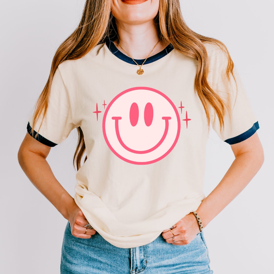 Smiley Face Short Sleeve 100% Cotton Ringer T-shirt With Contrasting ...