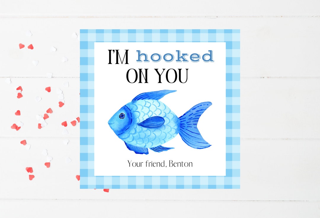 Blue Fish I'm Hooked on You Personalized Printable Valentine Card 3x3in ...