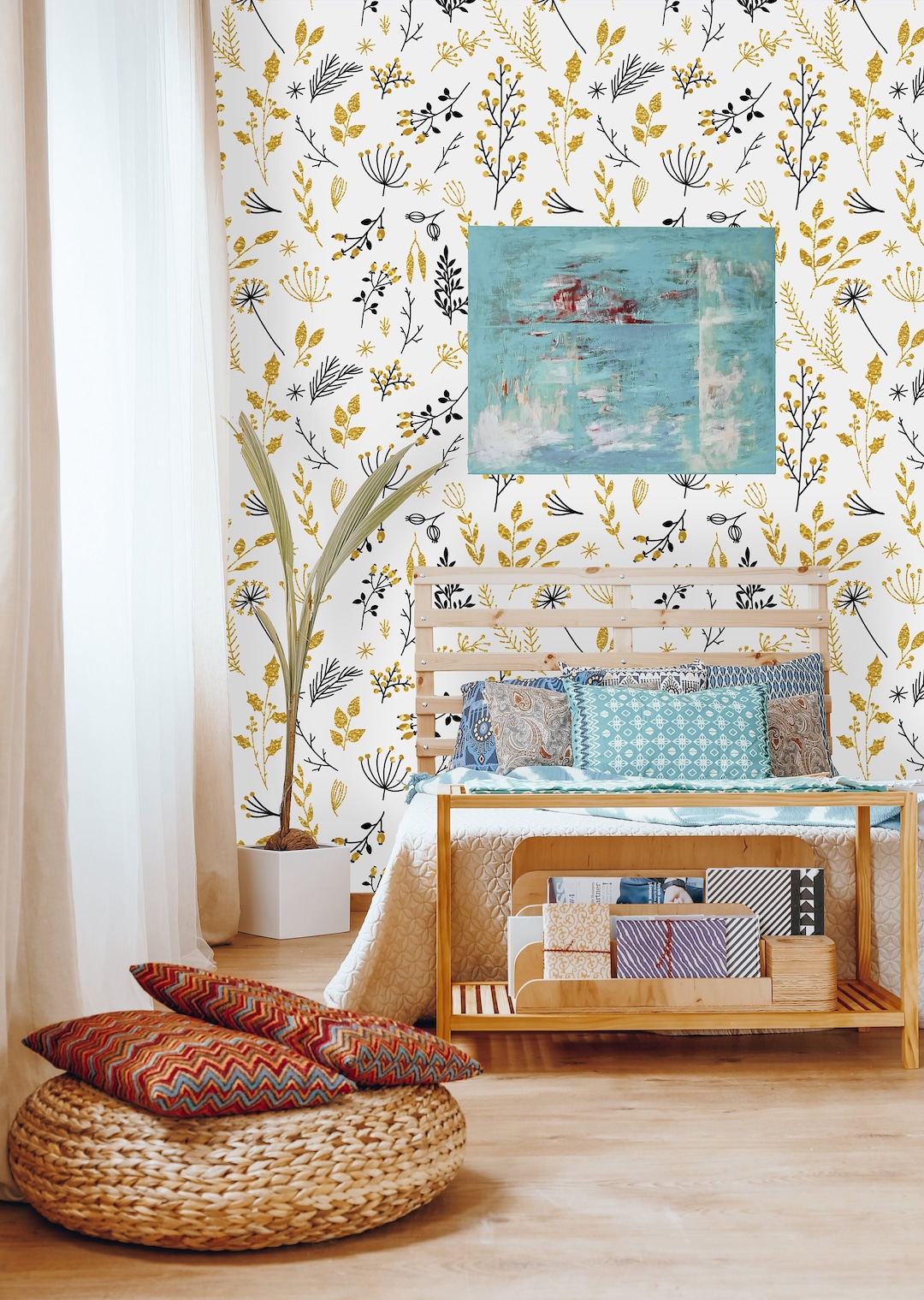 Gold Floral Removable Wallpaper-peel and Stick Wallpaper-wall Mural ...