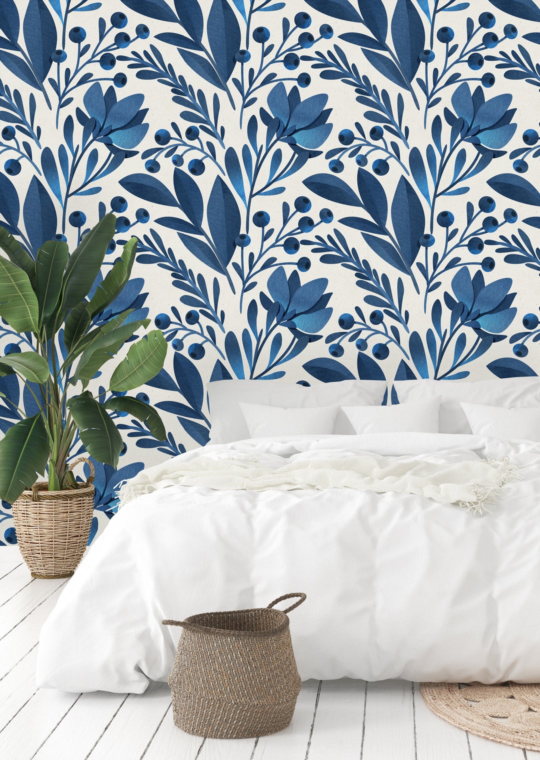 2 Days Shipping Watercolor Blue Flowers and Leaves Removable Wallpaper ...