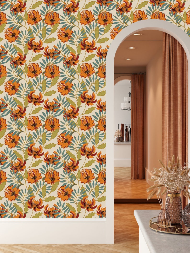 Large Orange Flowers Wallpaper, Peel and Stick Wallpaper, Wall Mural ...