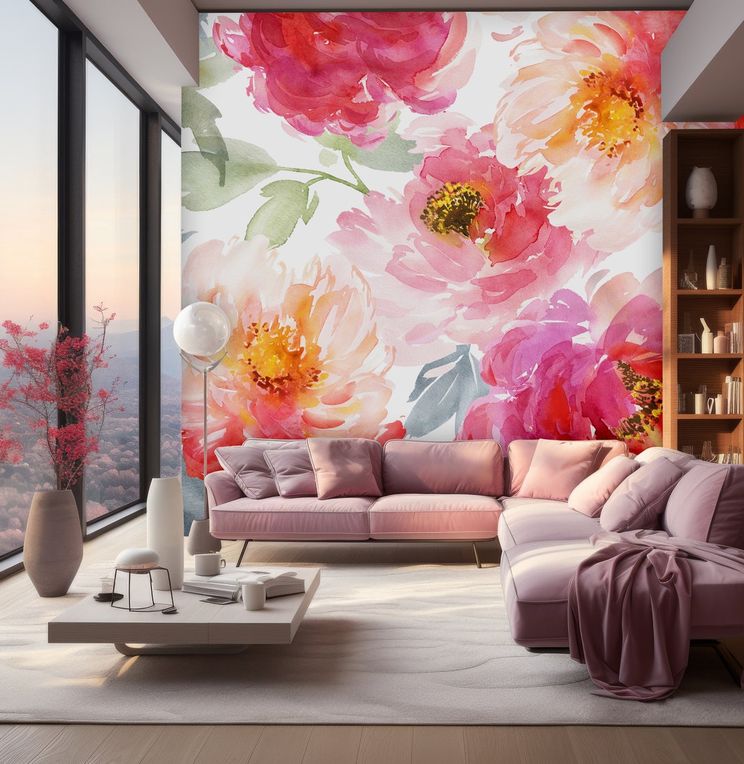 Bright Pink Floral Mural,peel and Stick Wallpaper, Removable Wallpaper ...