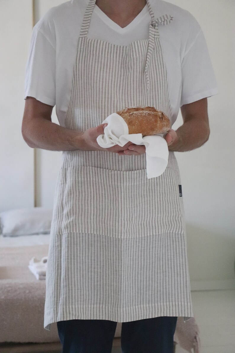 Linen Apron. Washed Linen Apron in Striped in Natural Linen - Etsy