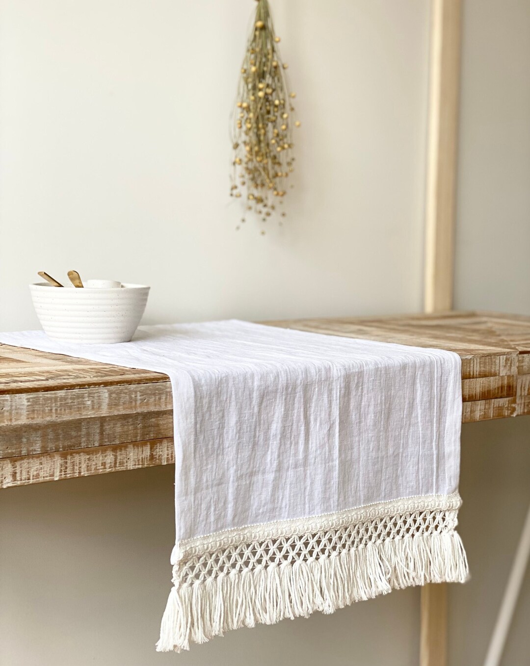 Linen Table Runner With Cotton Macramé. Handmade Linen Runner. Soft and Stonewashed Linen Table ...