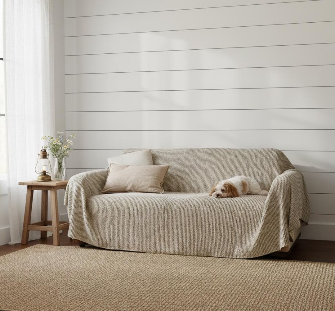 Handmade Linen Cotton Waffle Sofa Cover - Natural Heavyweight Slipcover ...