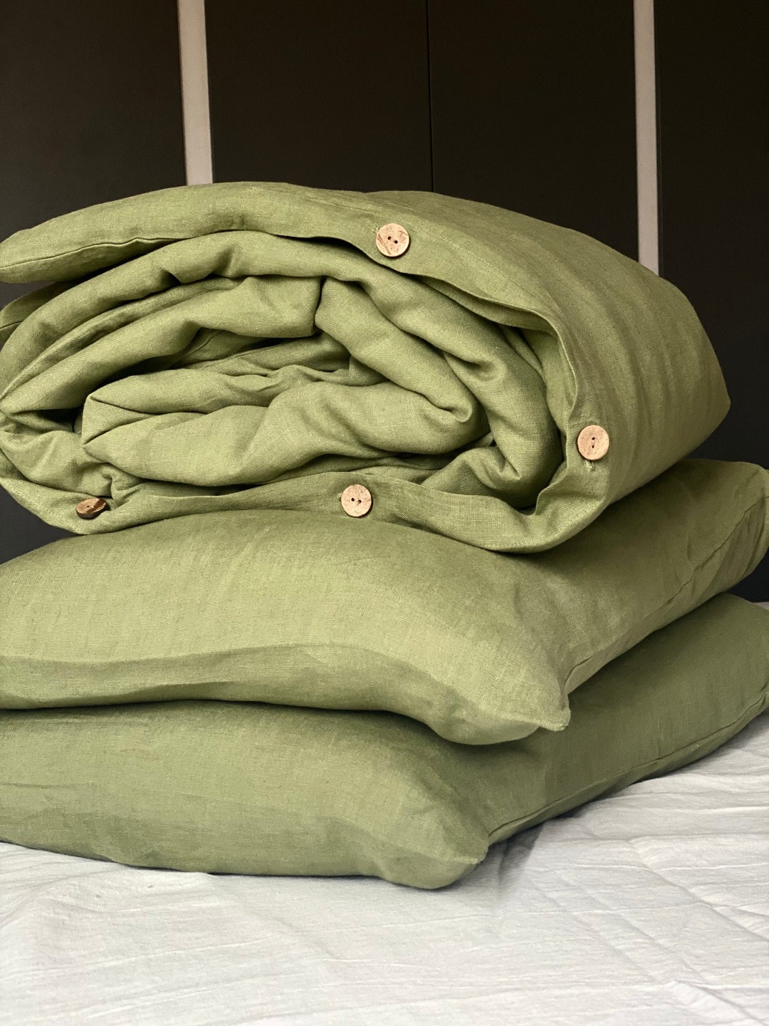 Linen Bedding Set in Moss Green (duvet Cover + 2 Pillowcases), Queen ...