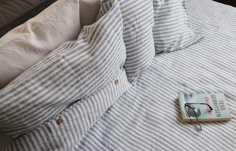 Blue Striped Linen Bedding SET. Linen Bedding. Linen Duvet - Etsy