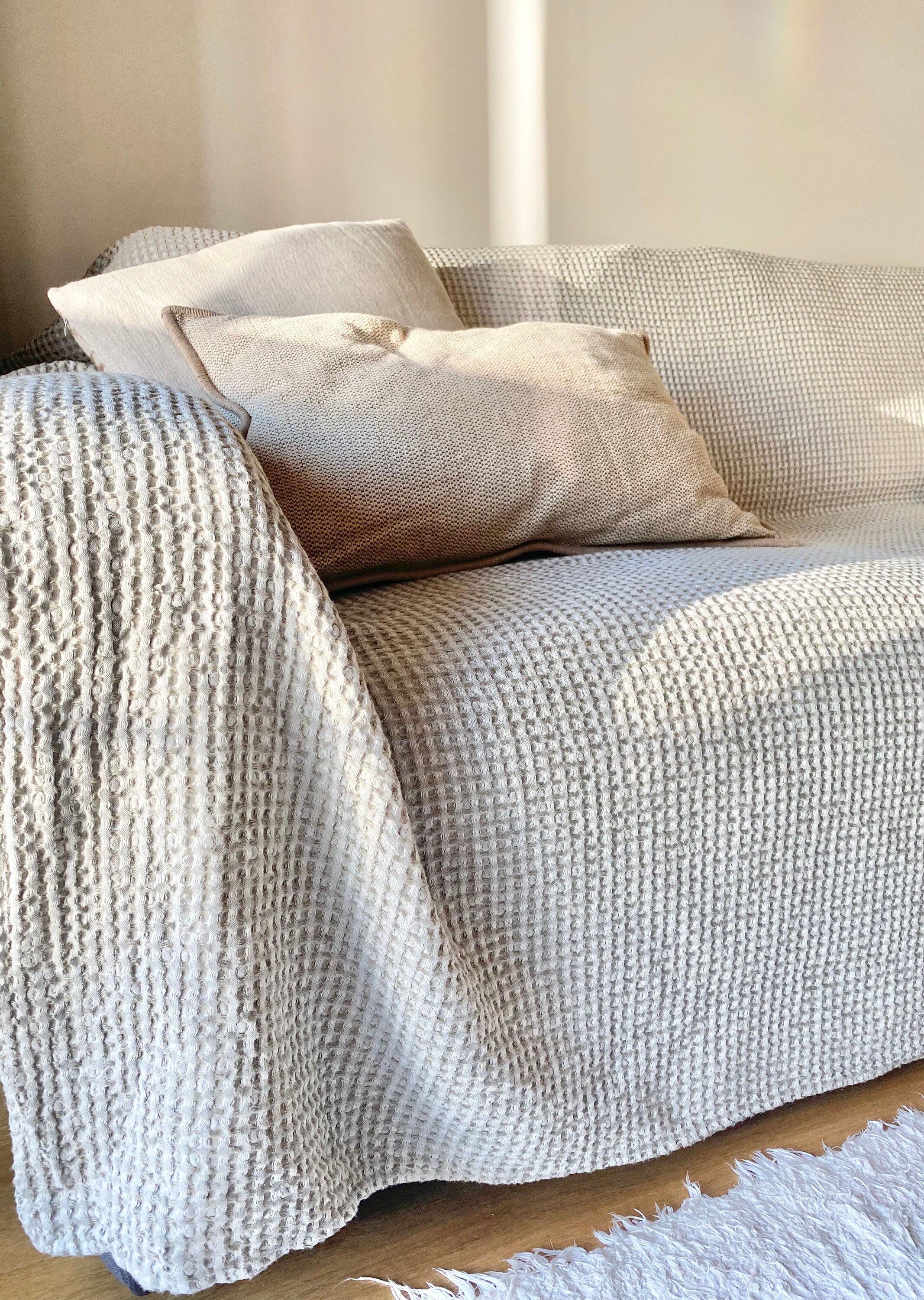 Handmade Linen Cotton Waffle Sofa Cover - Natural Heavyweight Slipcover ...