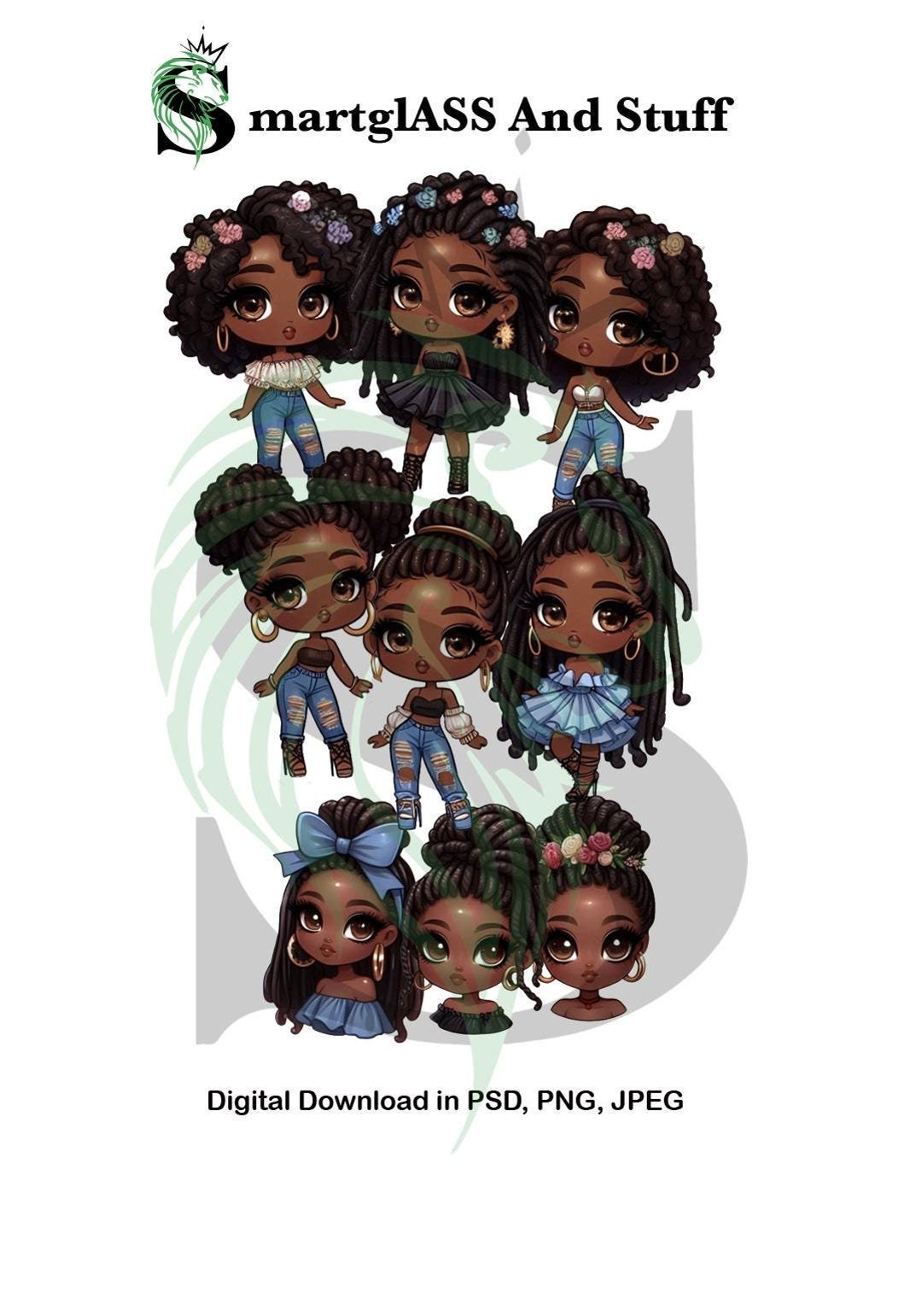 Chibi Black Girls in Denim| Beautiful Black Chibi Characters| Digital ...