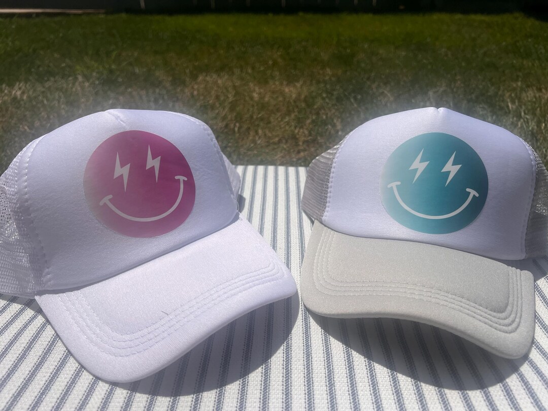 Blue Ombre Smiley Face Custom Trucker Hat, Cute Hats, Trendy Trucker ...