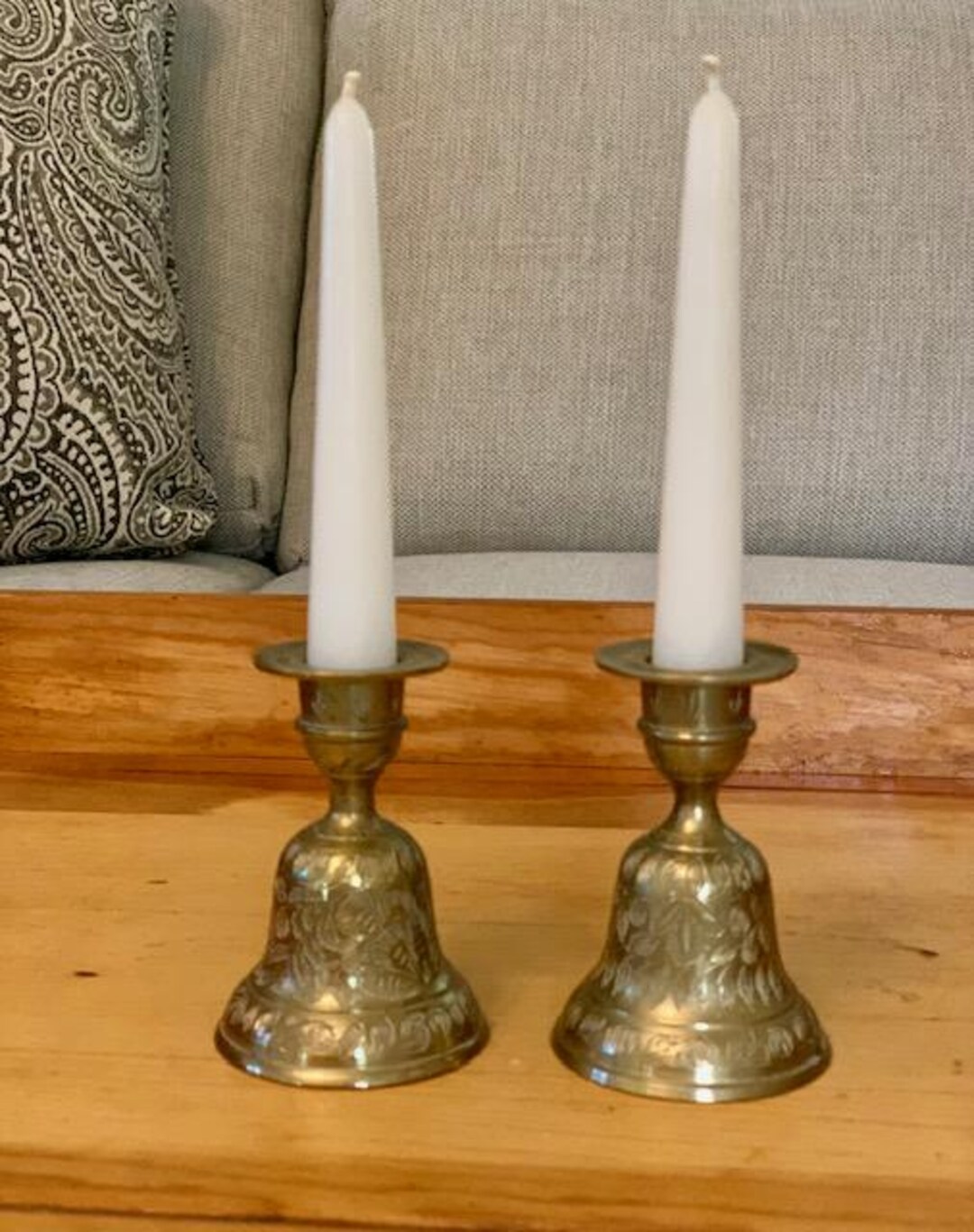 Unique Etched Brass Bell Taper Candlesticks Candleholders, Brass ...