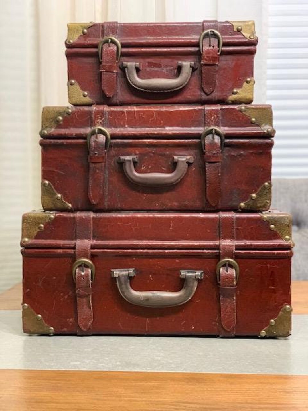 Vintage 1970s Faux Leather Trio Stackable Suitcases Storage Cases ...