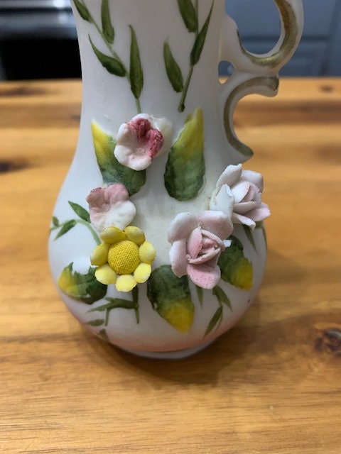 Vintage, Hand Painted, Raised Flower, Bisque, Vase by Interpur, Floral ...