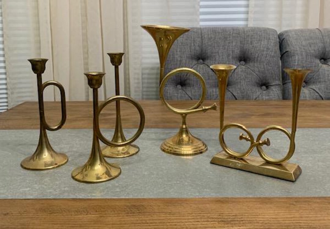 Vintage Brass French Horn Candlestick Candleholders, Colonial Decor ...