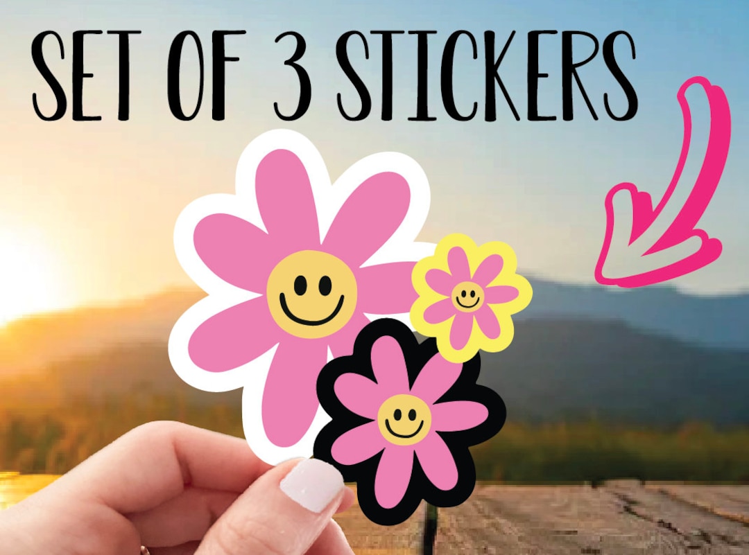 3 Cute Smiley Face Flower Sticker, Pink Smile Face Sticker, Water ...