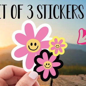 3 Cute Smiley Face Flower Sticker, Pink Smile Face Sticker, Water ...