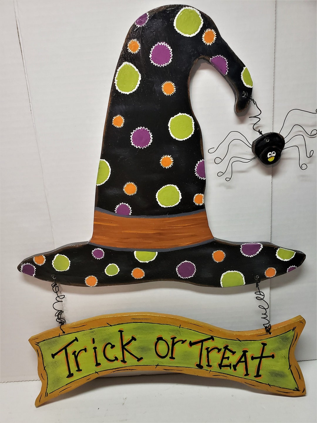 Halloween Trick or Treat Witch Hat Black Orange Green Hanging Spider ...