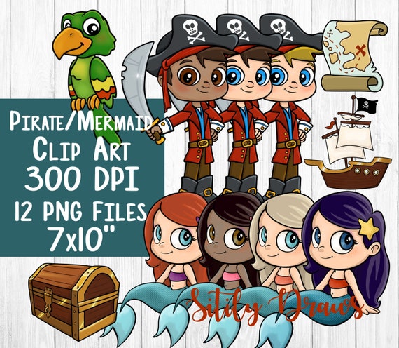 Pirate and Mermaid Clip Art Clipart Pirate Map Ship Parrot | Etsy