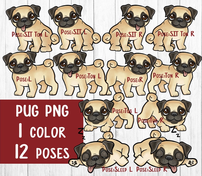Pug Clipart Pugs Clip Art Instant Digital Download Sitting Standing ...