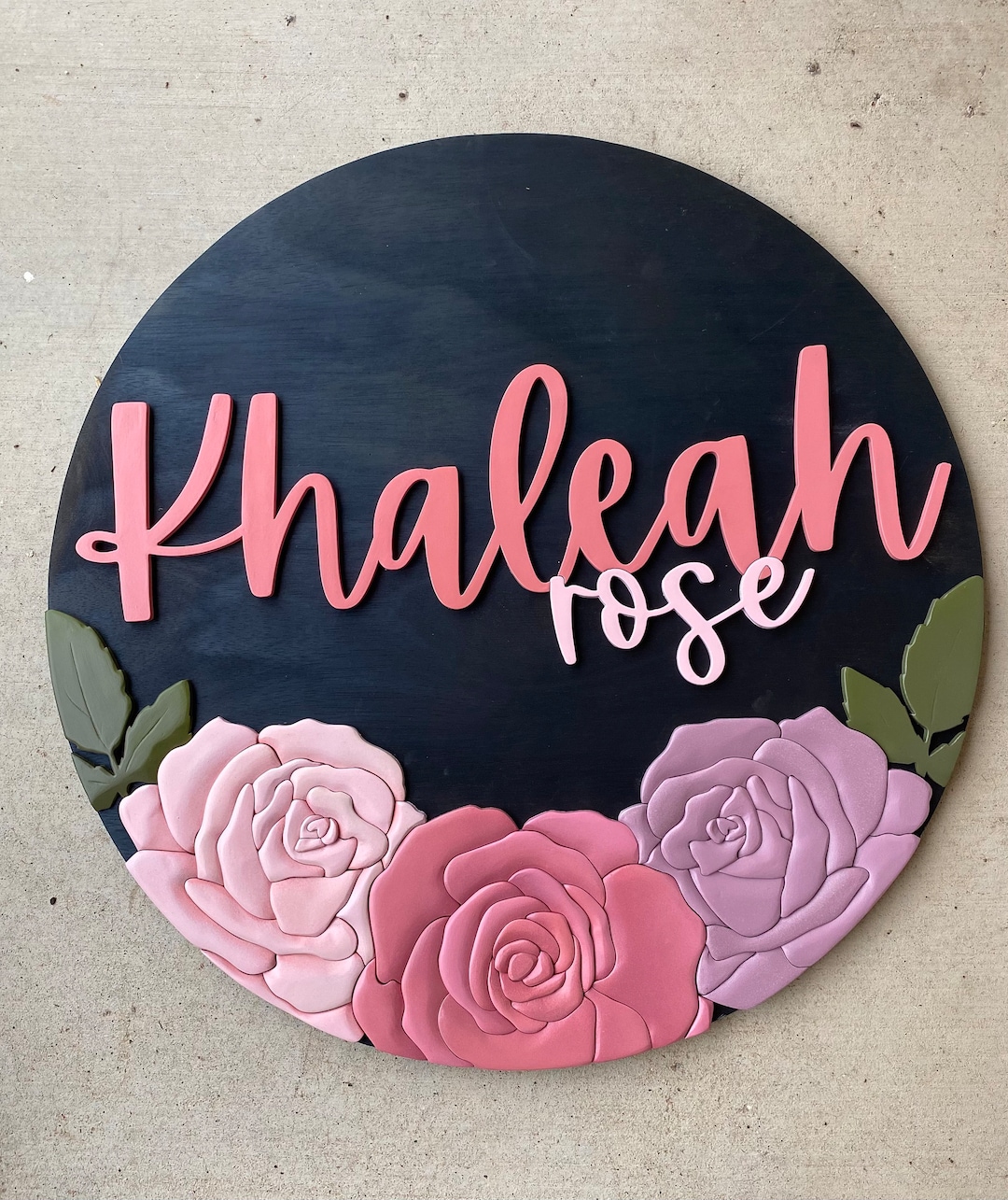3D Round Name Sign, Rose Nursery Sign, Nursery Sign, Floral Round Name ...