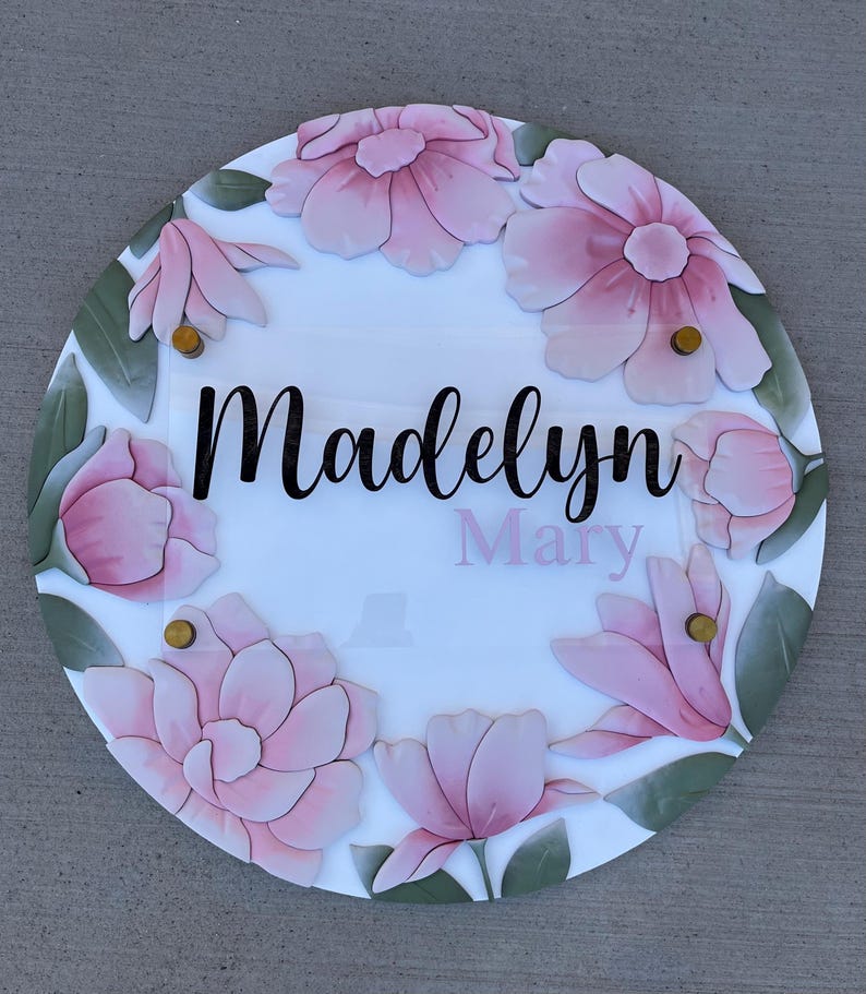 3D Round Name Sign Boho Wood Name Sign Girls Room Nursery Floral ...