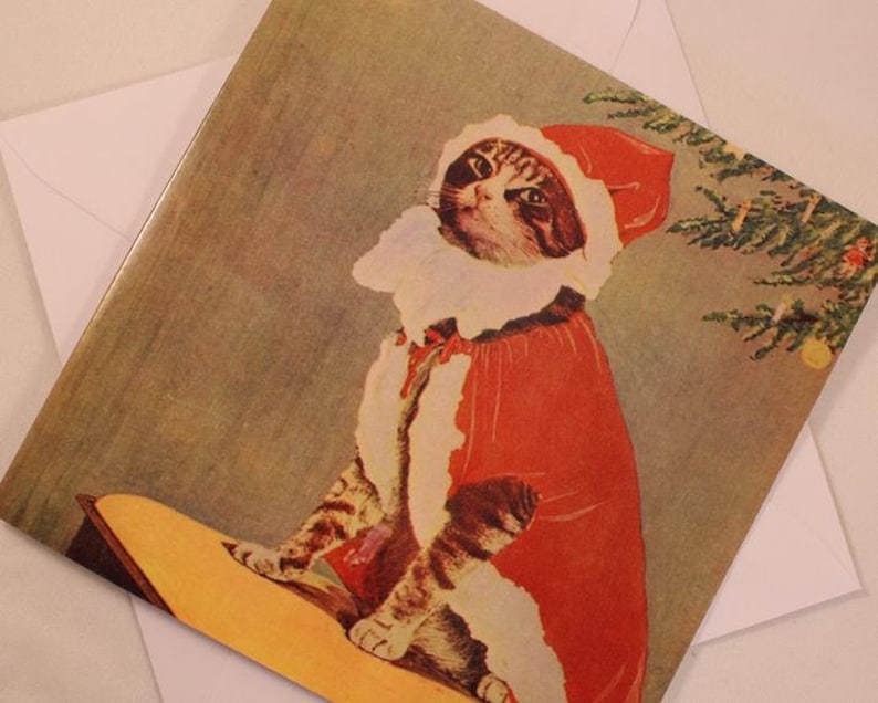 Printed Vintage Cat Christmas Card Santa Cat Greeting Card | Etsy