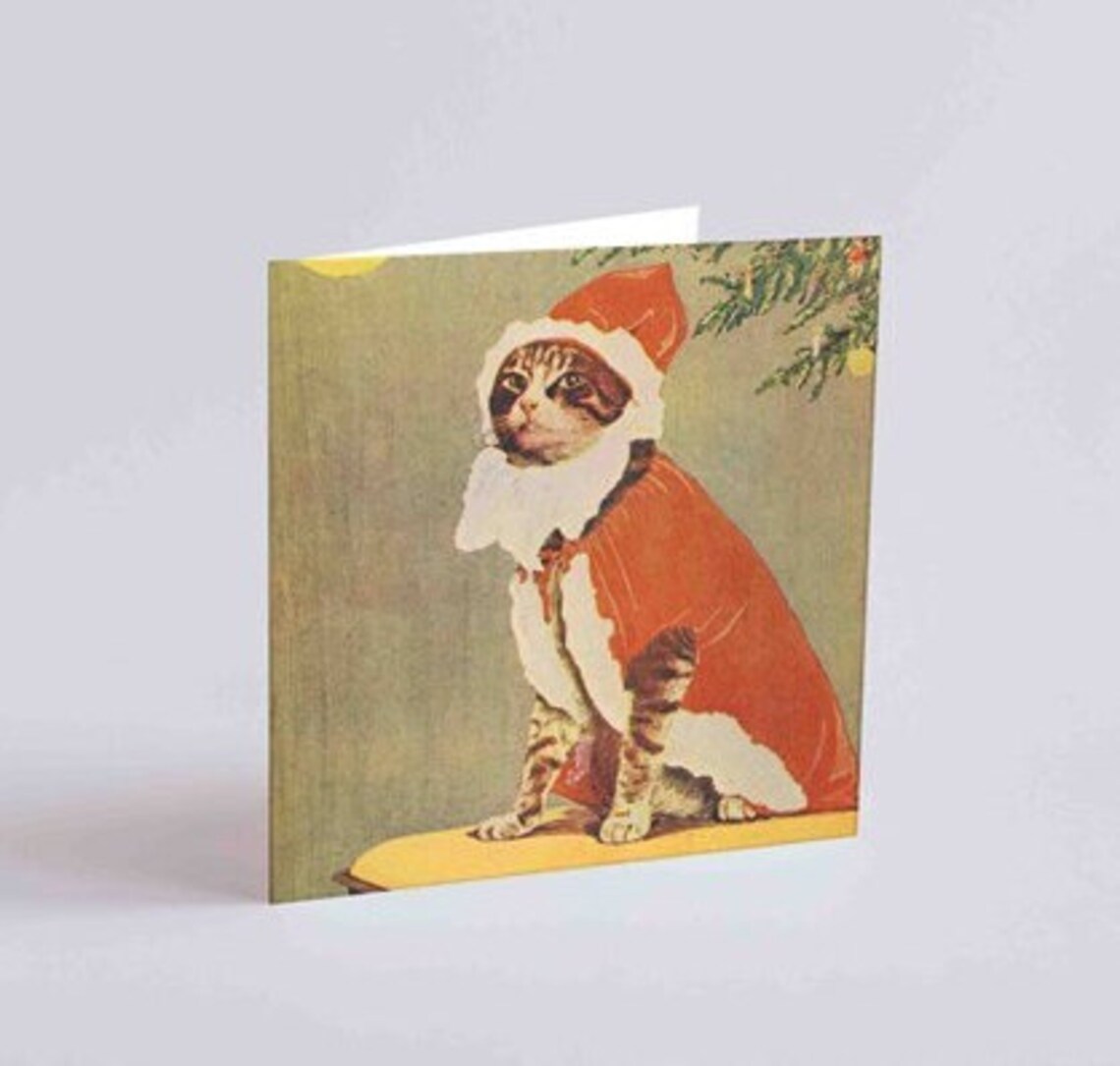 Printed Vintage Cat Christmas Card, Santa Cat Greeting Card, Father Christmas, 140 X 140mm ...