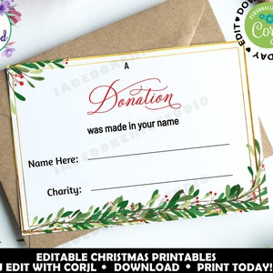 Editable Charity Donation Card, Holiday Charity Card, Christmas ...