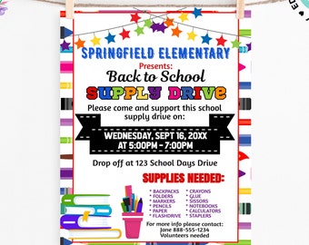School Supply Drive Flyer TEMPLATE, Editable Back to School Flyer, PTA ...