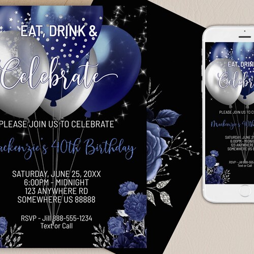 30th Birthday Invitation Navy Blue and Silver Party Invites - Etsy