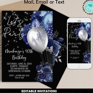 Let's Party Blue and Silver Party Invitation, Blue and Silver Birthday ...