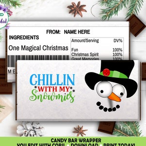 Snowman Christmas Full Size Chocolate Bar Wrappers, Christmas Candy Bar ...