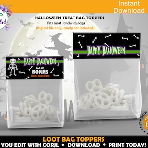 EDITABLE Bag of Bones Halloween Loot Bag Toppers, Halloween Treat ...
