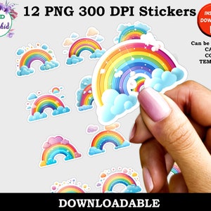 Rainbow Stickers, Print and Cut PNG Digital Sticker Sheet, 12 Designs ...