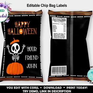 Skeleton Halloween Party Favor, Halloween Chip Bag Labels, Printable ...