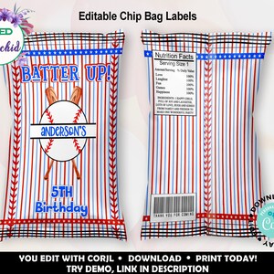 Baseball Chip Bag Label, Printable Baseball Chip Label, Editable ...