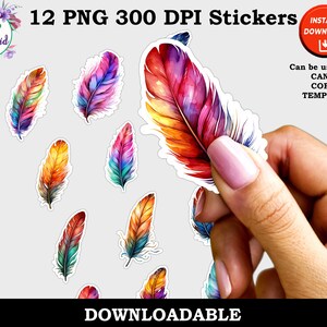 Feather Stickers, Print and Cut PNG Digital Sticker Sheet, 12 Designs ...