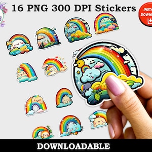 Rainbow Print and Cut Digital PNG Sticker Sheets, 16 Different Designs ...