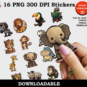 Jungle Animals Print and Cut Digital PNG Sticker Sheet, 16 Different ...