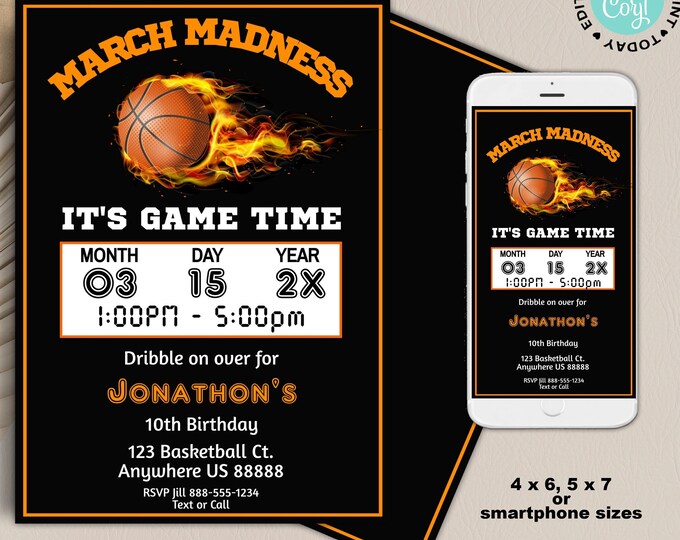 Editable March Madness Party, Basketball Theme Party Invitation ...