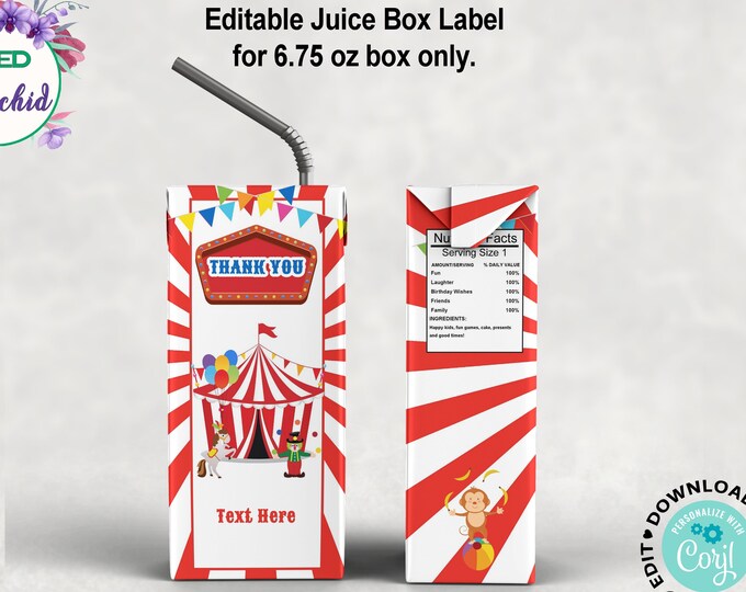 Circus Juice Wrapper, Printable Circus Birthday Juice Box Wrapper ...