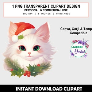 Christmas Cat Clipart, Kitten Clipart, Watercolor Cat Clip Art, Kitty ...