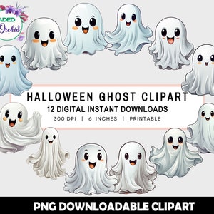 Cute Halloween Ghost Clipart, Digital Halloween Clipart, 12 PNG Clipart ...